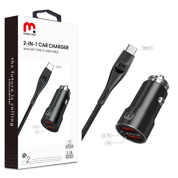 MyBat Pro 2-in-1 Car Charger with 6ft Type-C USB Cable – Black – Boost ...